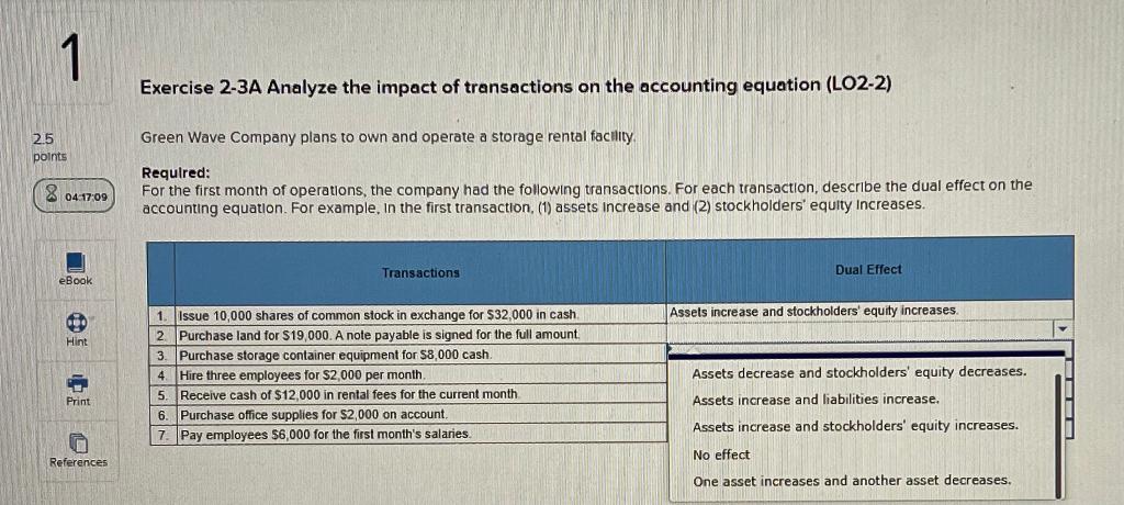 Solved 1 Exercise 2-3A Analyze the impact of transactions on | Chegg.com Solved 1 Exercise 2-3A Analyze the impact of transactions on | Chegg.com