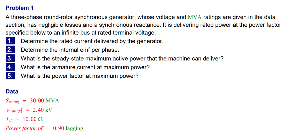 Solved Problem 1 A three-phase round-rotor synchronous | Chegg.com