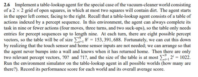 2.6 Implement a table-lookup agent for the special | Chegg.com
