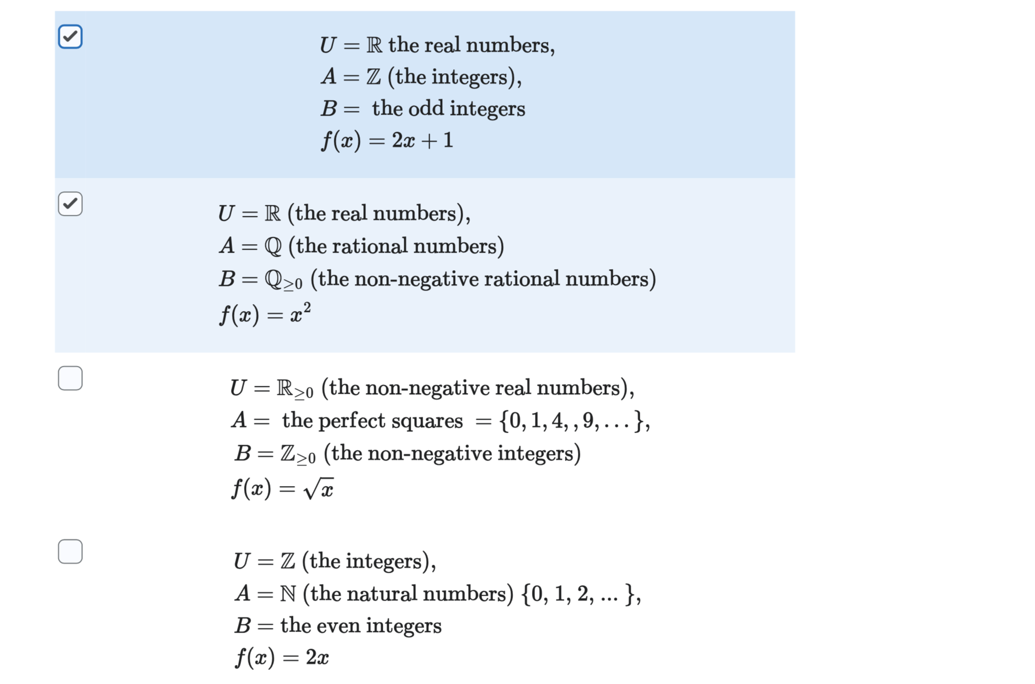 Solved In each question below, you are given 2 sets, A and | Chegg.com