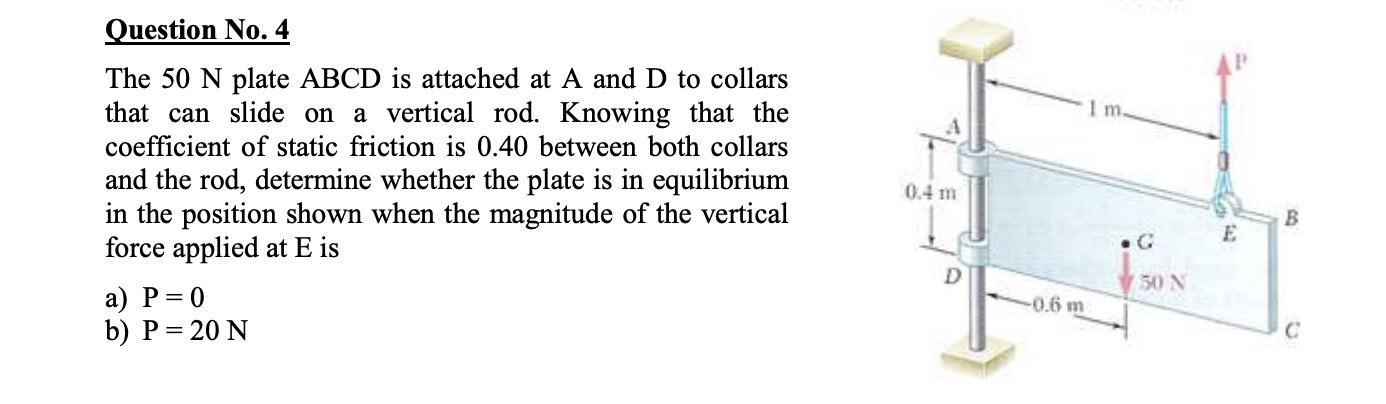 Solved The 50 N plate ABCD is attached at A and D to collars | Chegg.com