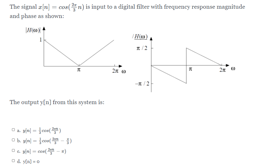 Solved The signal x [n] = cos(n) is input to a digital | Chegg.com