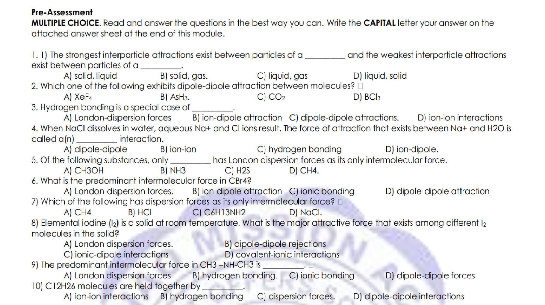 Solved Pre-Assessment MULTIPLE CHOICE. Read and answer the | Chegg.com