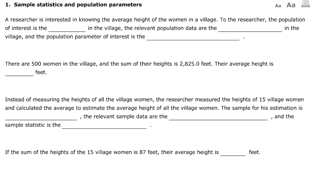 Solved 1. Sample statistics and population parameters Aa Aa | Chegg.com
