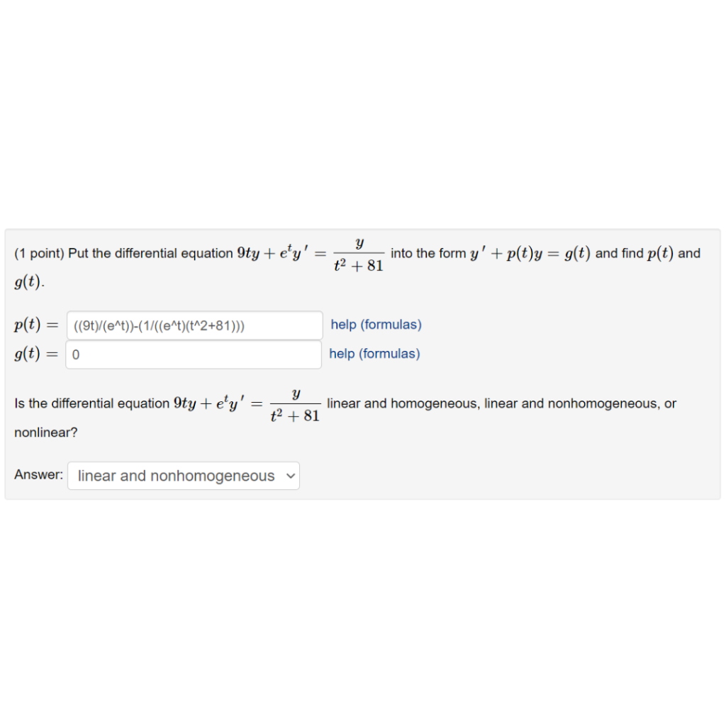 Solved Put the differential equation 9ty+ety′=yt2+81 into | Chegg.com
