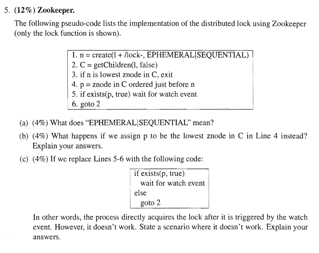 Solved 5. (12%) Zookeeper. The following pseudo-code lists | Chegg.com