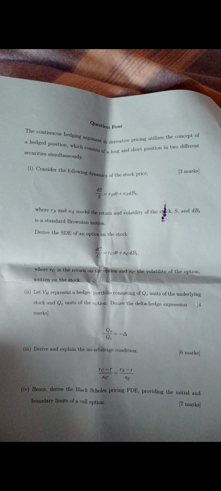 Solved Question Four The contimuous hedging argument in | Chegg.com