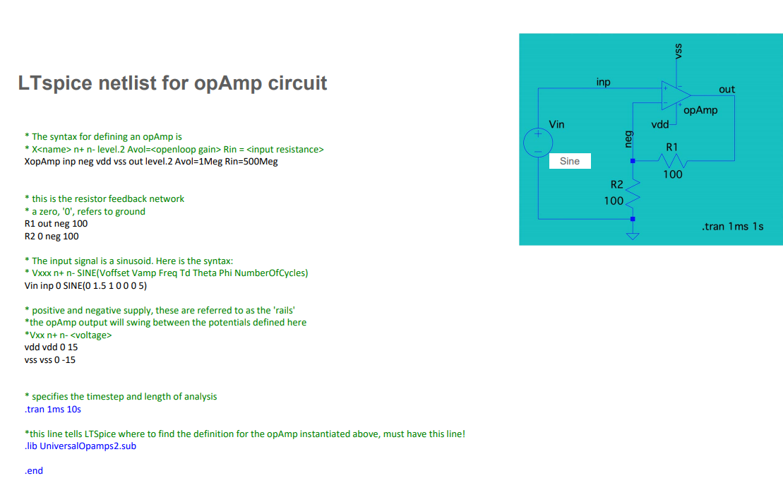 LTspice netlist for opAmp circuit inp out opAmp Vin | Chegg.com
