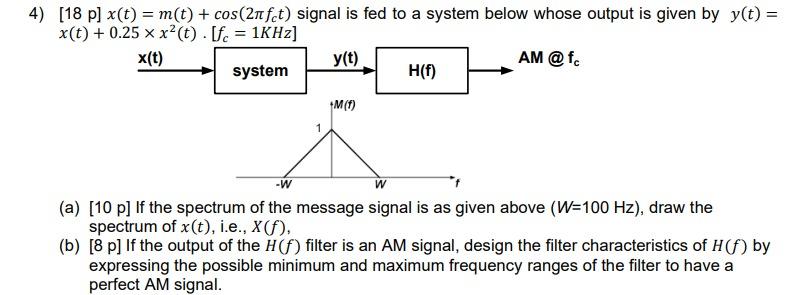 [Solved]: [18 p] ( x(t)=m(t)+ cos left(2 pi f_{c} t rig