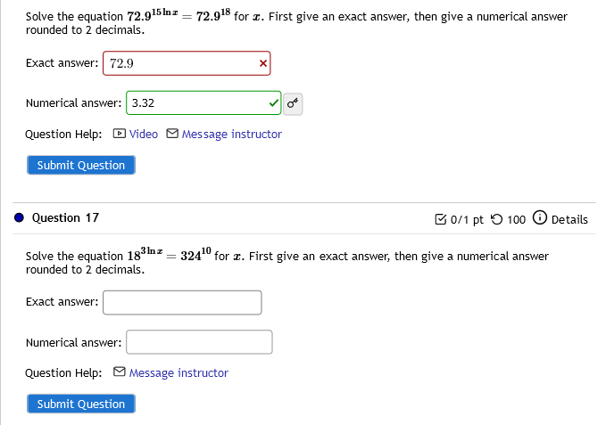 Solved Solve the equation 72.915lnx=72.918 ﻿for x. ﻿First | Chegg.com