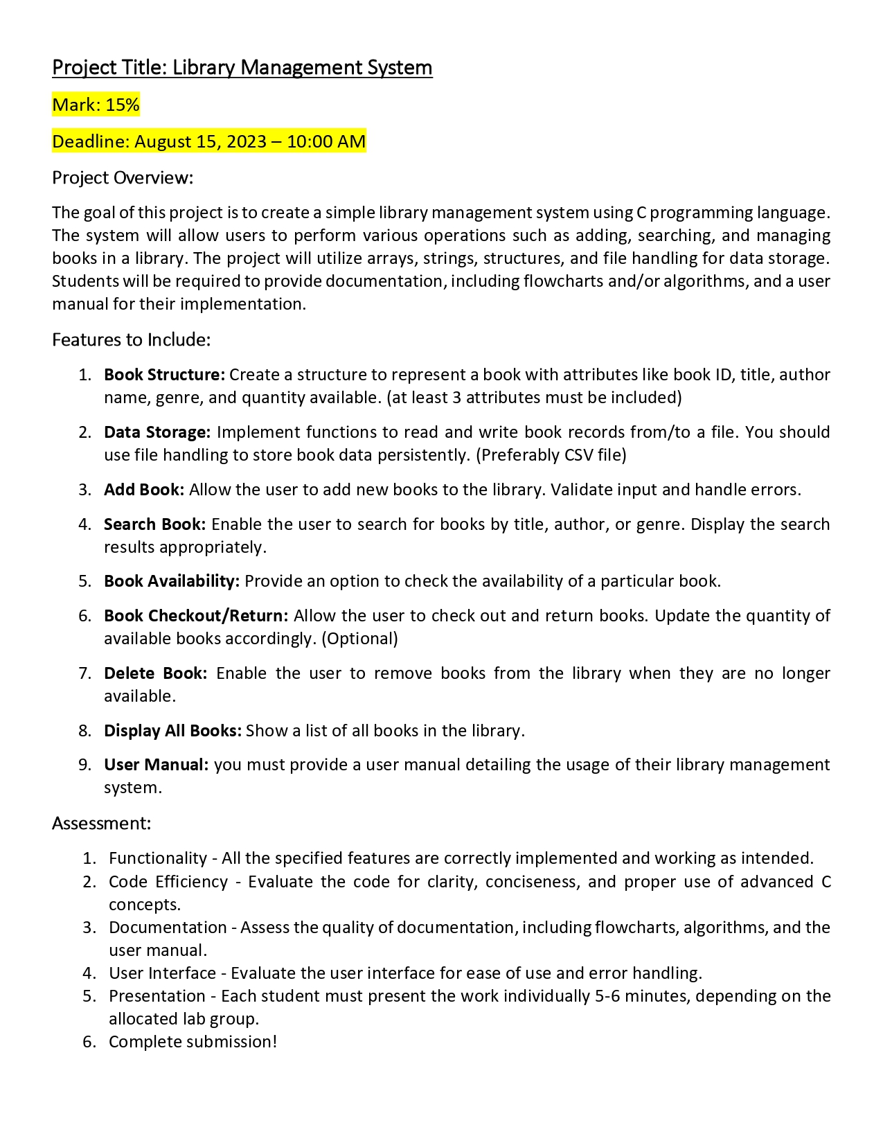 Solved Project Title: Library Management System Mark: 15% | Chegg.com