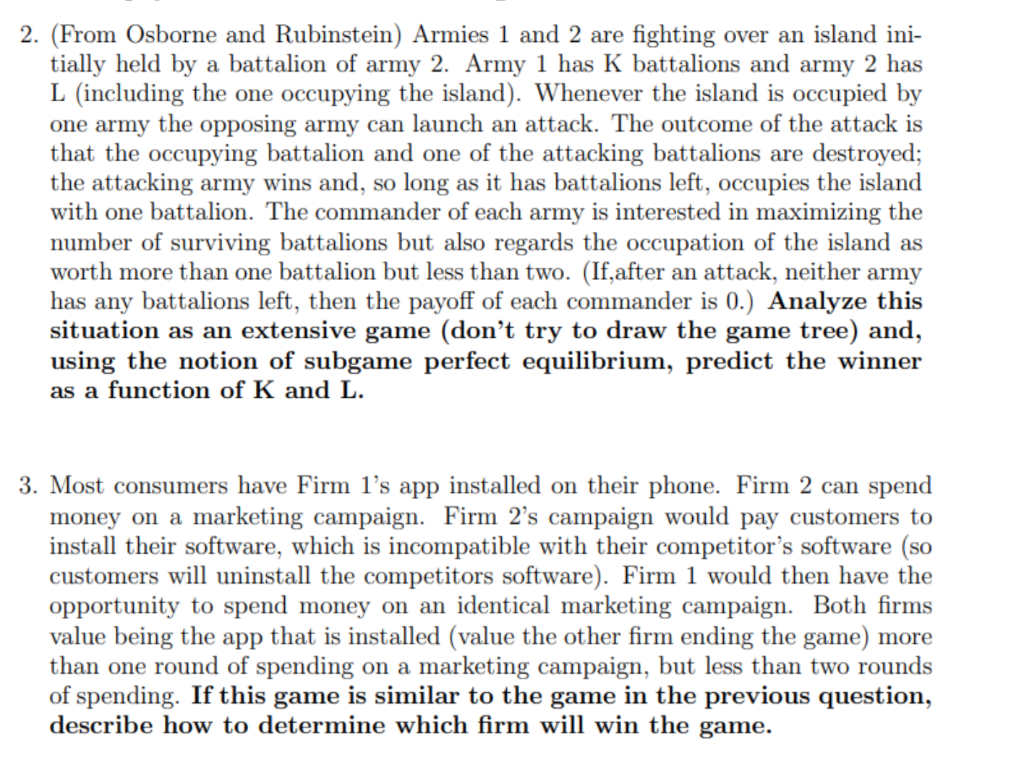 2. (From Osborne and Rubinstein) Armies 1 and 2 are | Chegg.com