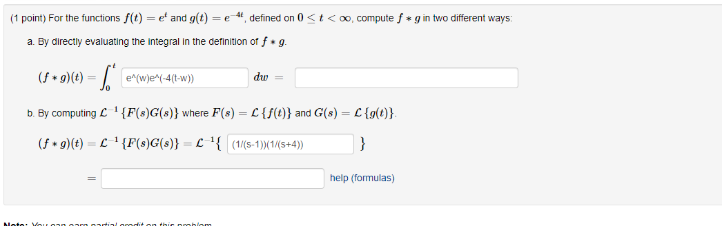 Solved (1 point) For the functions f(t)=et and g(t)=e−4t, | Chegg.com