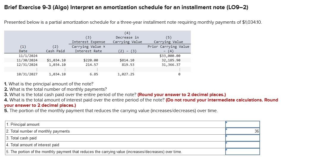 Solved Brief Exercise 9-3 (Algo) Interpret an amortization | Chegg.com