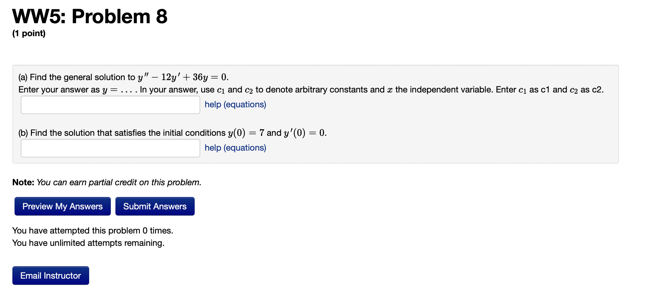 Solved (a) Find the general solution to y′′−12y′+36y=0. | Chegg.com