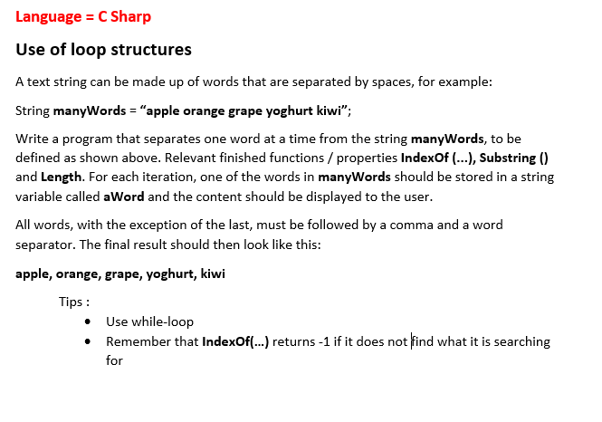 Solved Language = C Sharp Use of loop structures A text | Chegg.com
