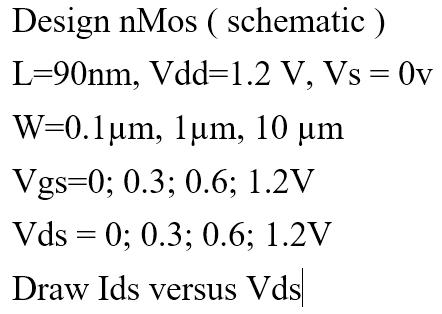 Design nMos ( schematic) L-90nm, Vdd=1.2 V, Vs = 0v ( | Chegg.com