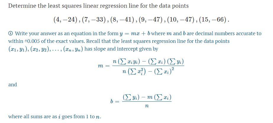 Solved Determine the least squares linear regression line | Chegg.com