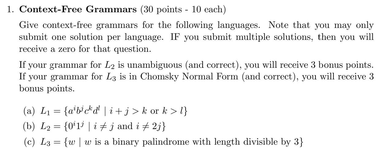 Solved 1. Context-Free Grammars ( 30 points - 10 each) Give | Chegg.com