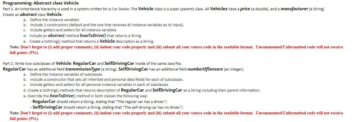 Solved Programming: Abstract class Vehicle Part 1. An | Chegg.com
