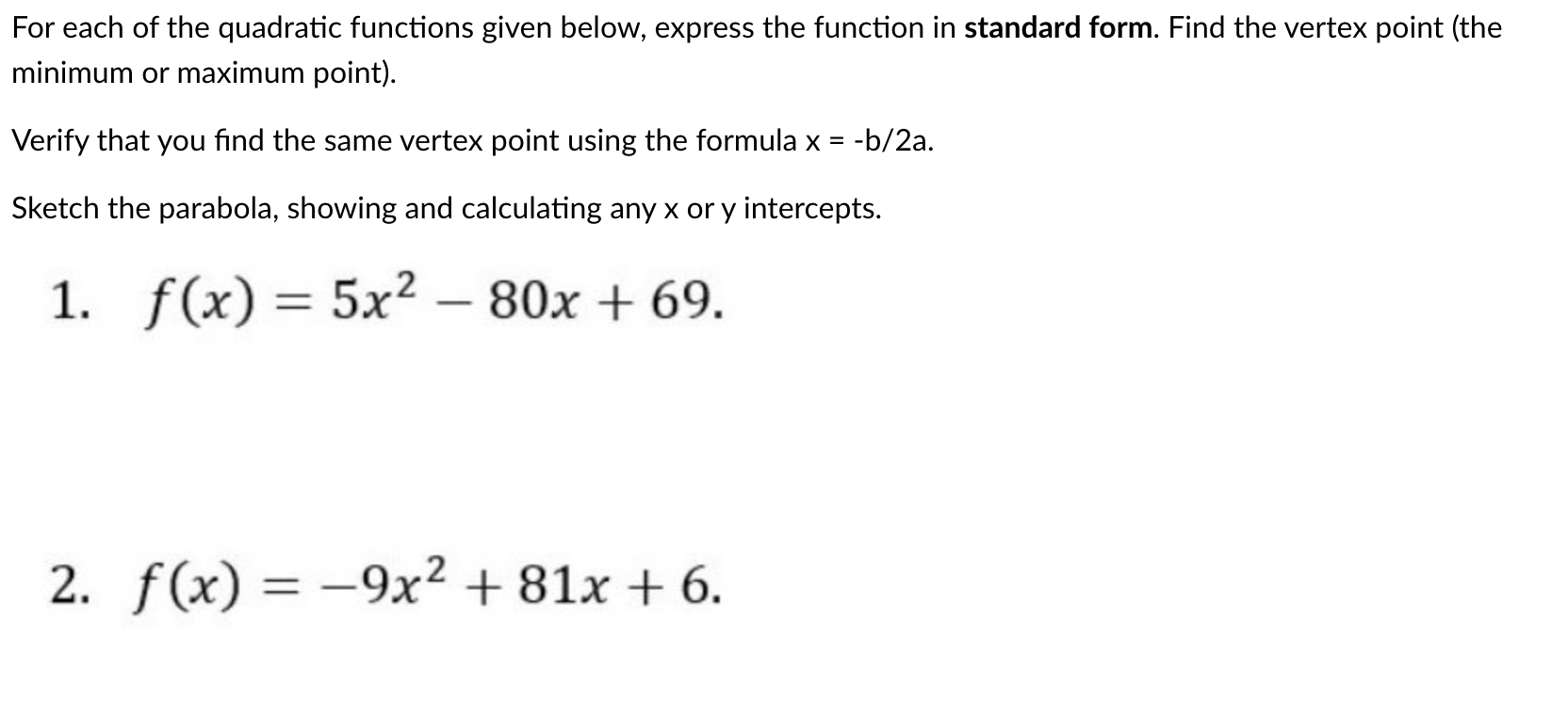 Solved For each of the quadratic functions given below, | Chegg.com