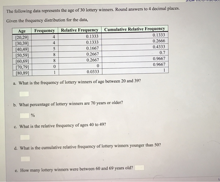 Solved The following data represents the age of 30 lottery | Chegg.com
