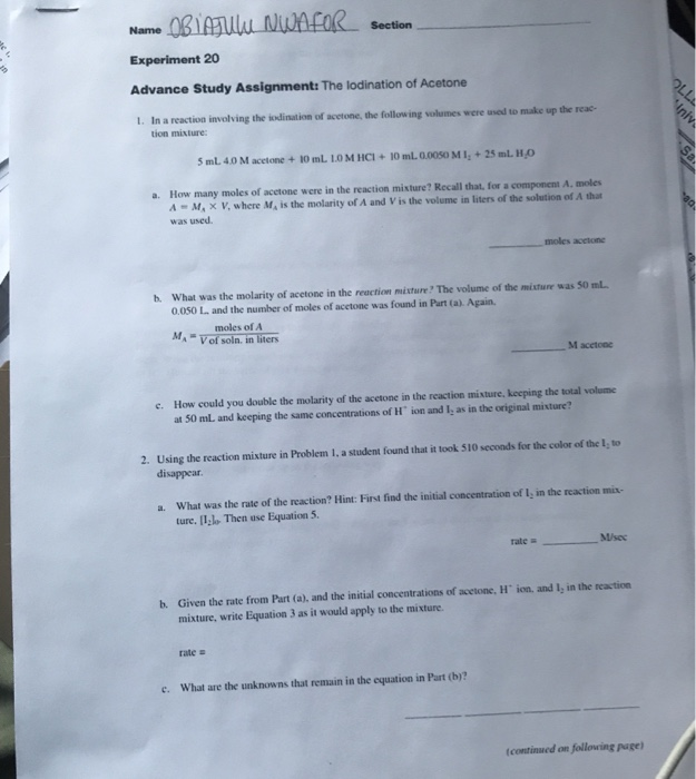 Solved Name Section Experiment 20 Advance Study Assignment: | Chegg.com