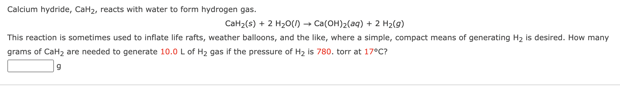 Solved Calcium hydride, CaH2, reacts with water to form | Chegg.com