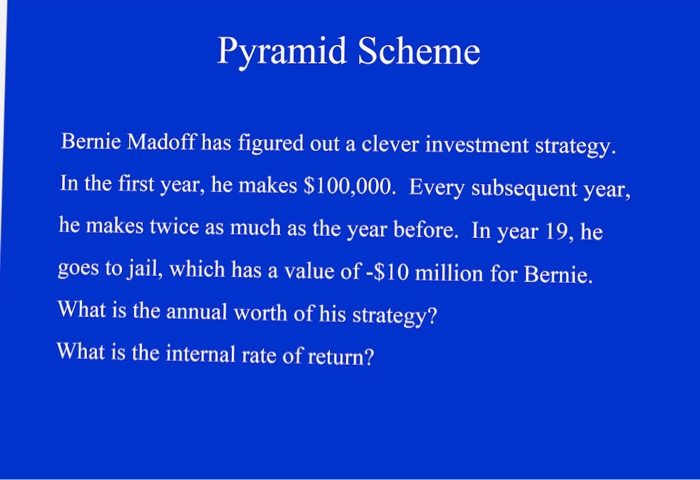 Solved Pyramid Scheme Bernie Madoff has figured out a clever | Chegg.com