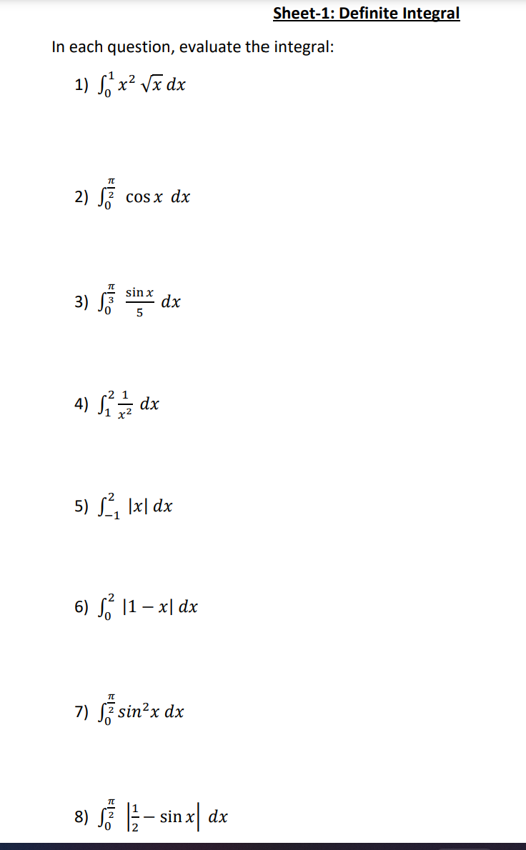 Solved Sheet-1: Definite Integral In each question, evaluate | Chegg.com