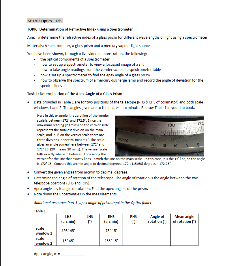 SP1203 Optics - Lab TOPIC: Determination of | Chegg.com