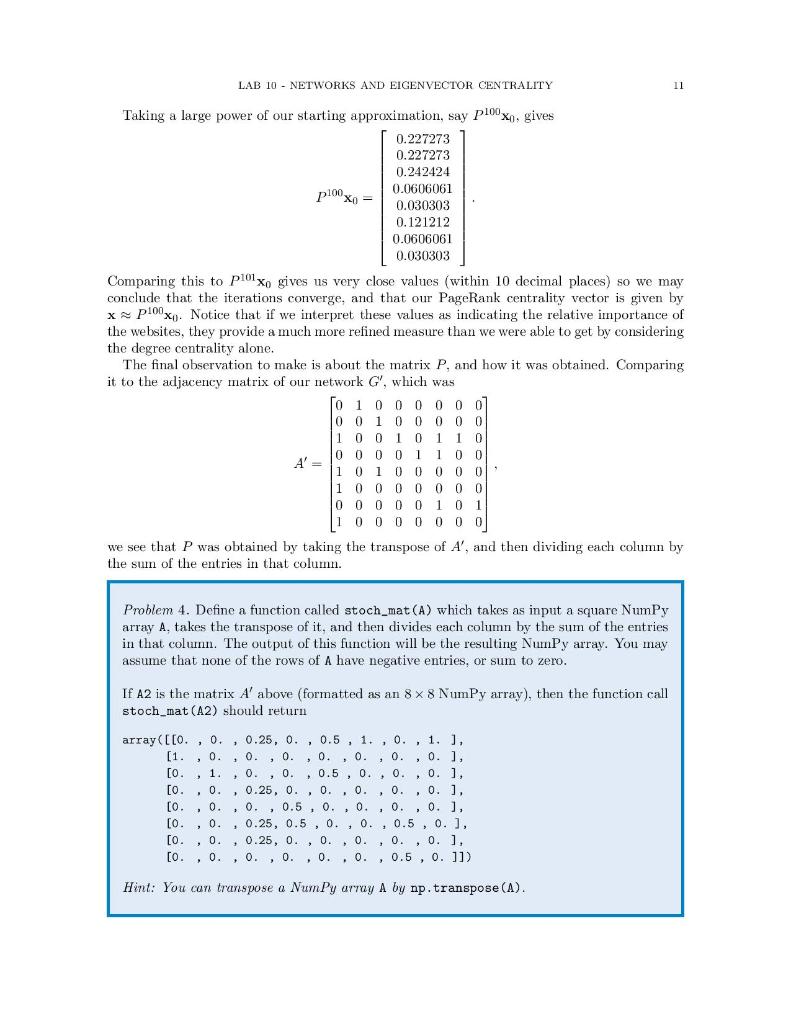 Solved LAB 10 - NETWORKS AND EIGENVECTOR CENTRALITY 11 | Chegg.com