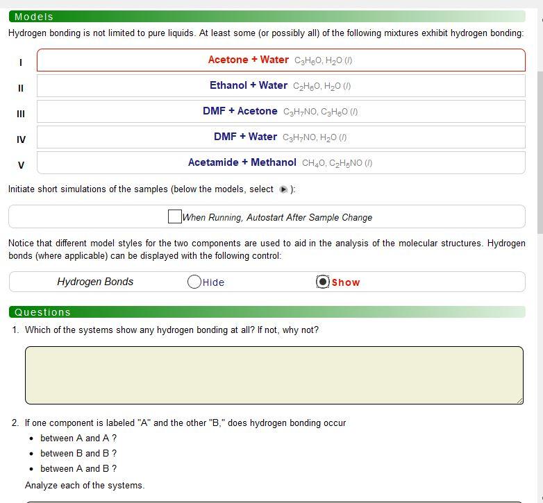 Solved Models Hydrogen bonding is not limited to pure | Chegg.com