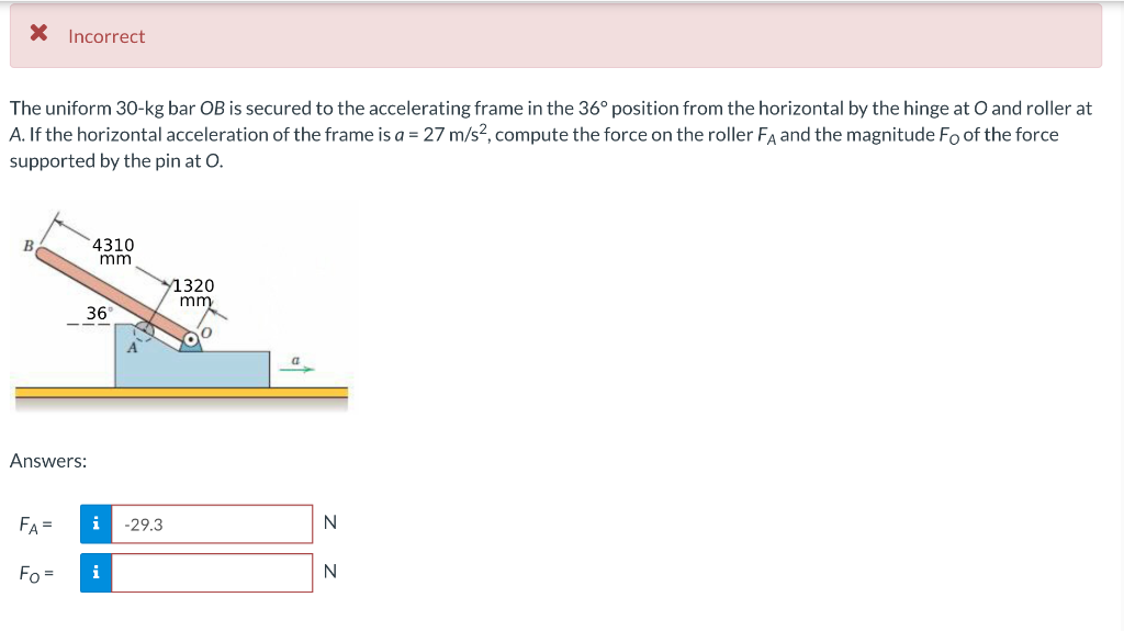 Solved X Incorrect The uniform 30-kg bar OB is secured to | Chegg.com