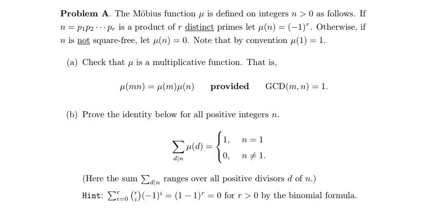 Solved Problem A. The Mobius function μ is defined on | Chegg.com