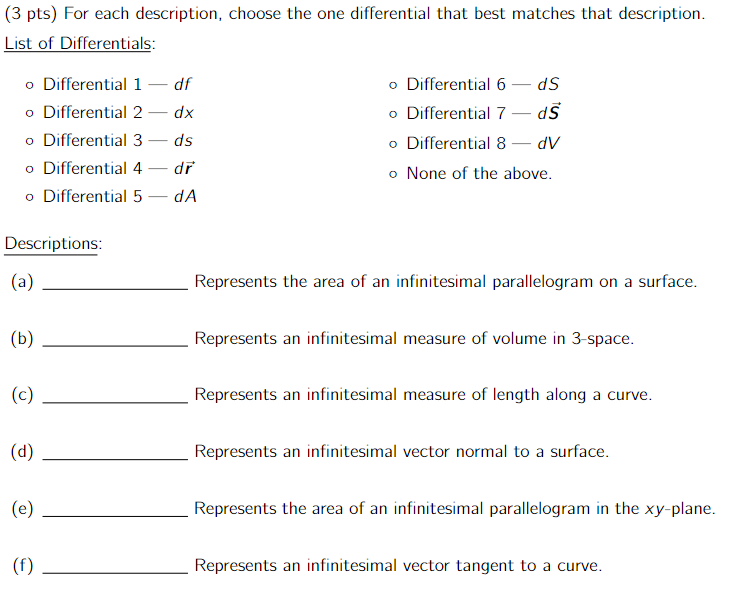 Solved (3 pts) For each description, choose the one | Chegg.com