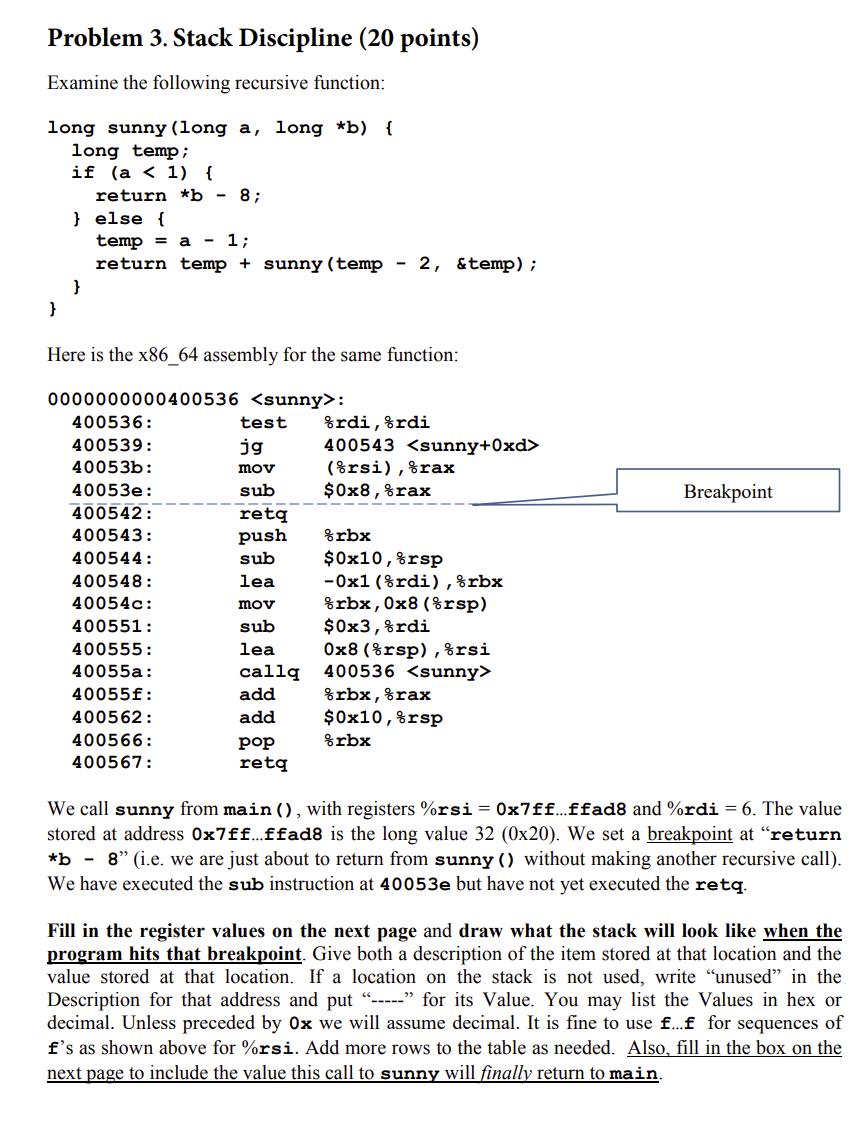 Solved Problem 3. Stack Discipline (20 points) Examine the | Chegg.com