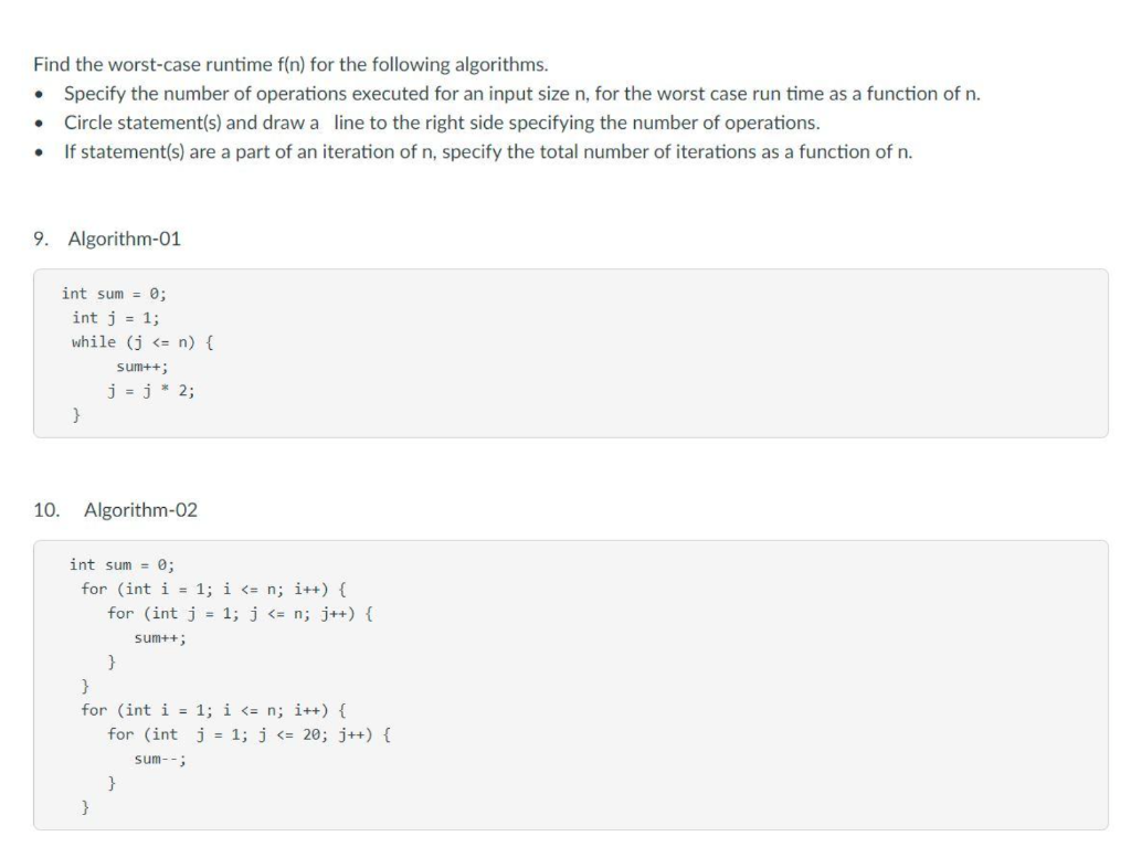 Solved Find The Worst Case Runtime F N For The Following