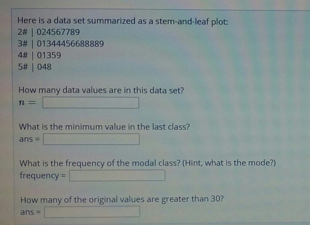 Solved Here is a data set summarized as a stem-and-leaf | Chegg.com