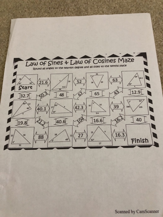 Law of Sines Law of Cosines Maze Round all angies to | Chegg.com