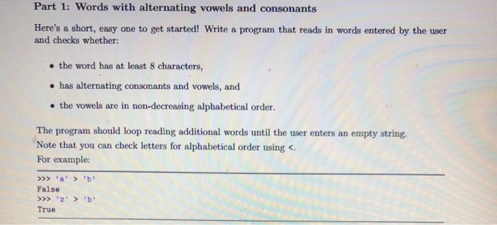 Solved Part 1: Words with alternating vowels and consonants | Chegg.com