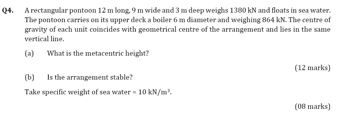 Solved A rectangular pontoon 12 m long, 9 m wide and 3 m | Chegg.com