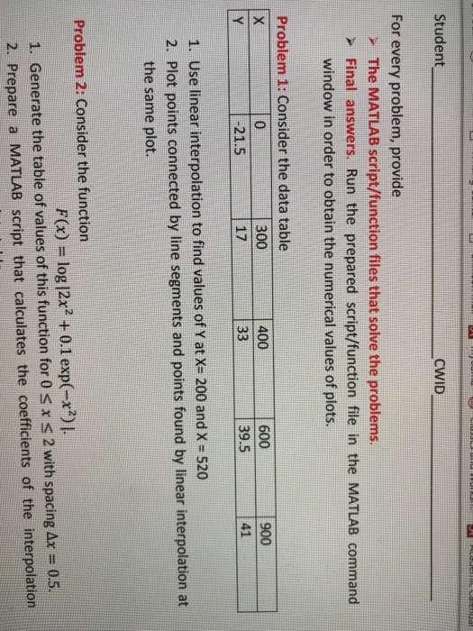 Solved Student CWID For every problem, provide The MATLAB | Chegg.com