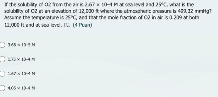 Solved If the solubility of O2 from the air is 2.67×10−4M at | Chegg.com