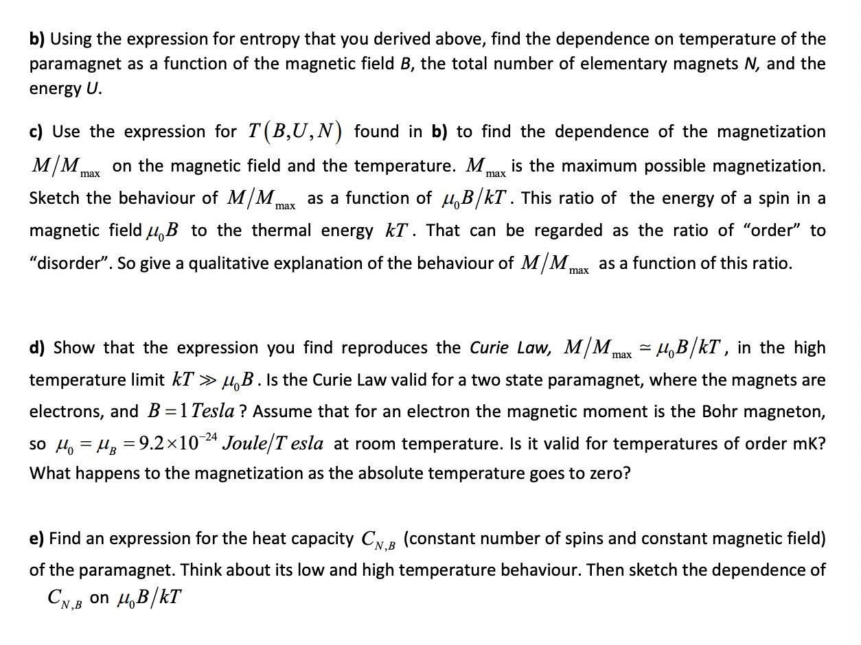 Solved [paramagnet question] a paramagnet consisting of N | Chegg.com