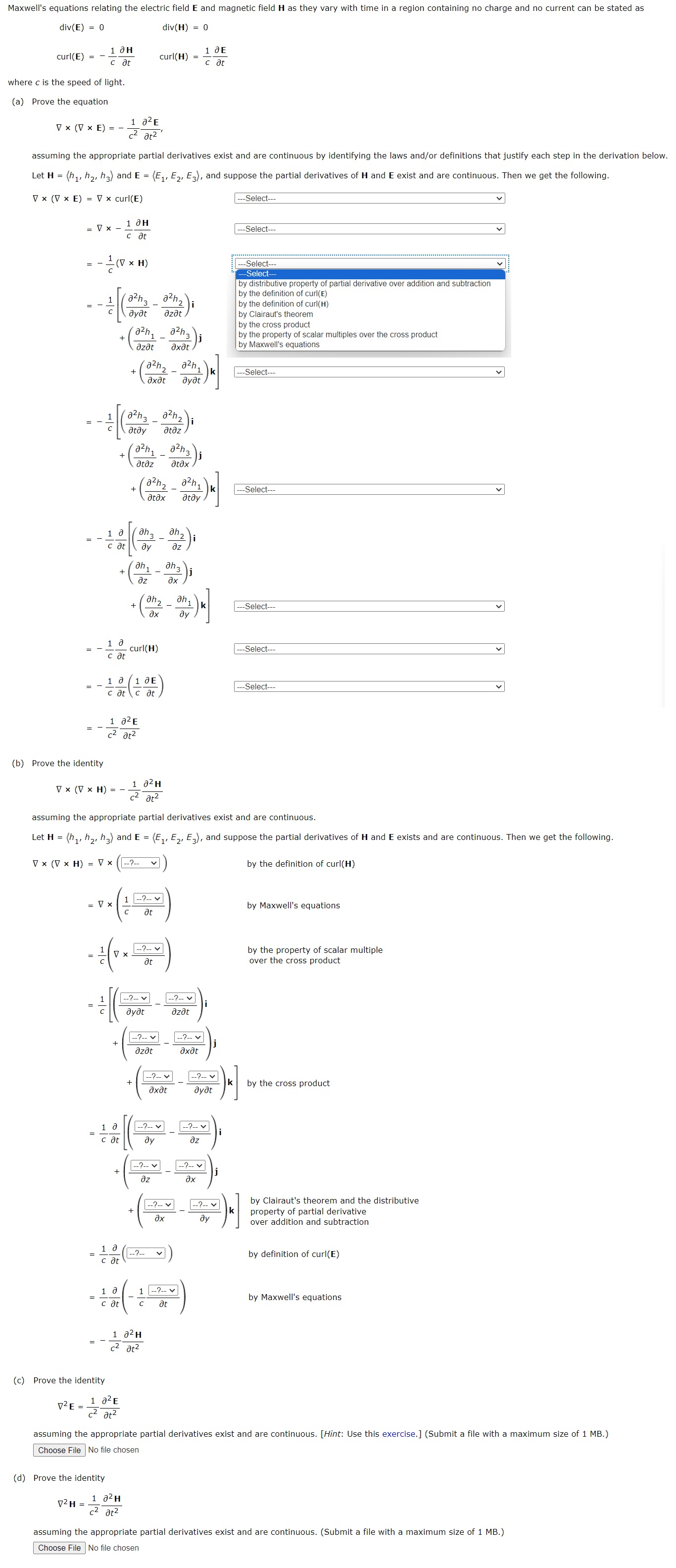 Solved curl(E)=−C1∂t∂Hcurl(H)=C1∂t∂E vhere c is the speed of | Chegg.com