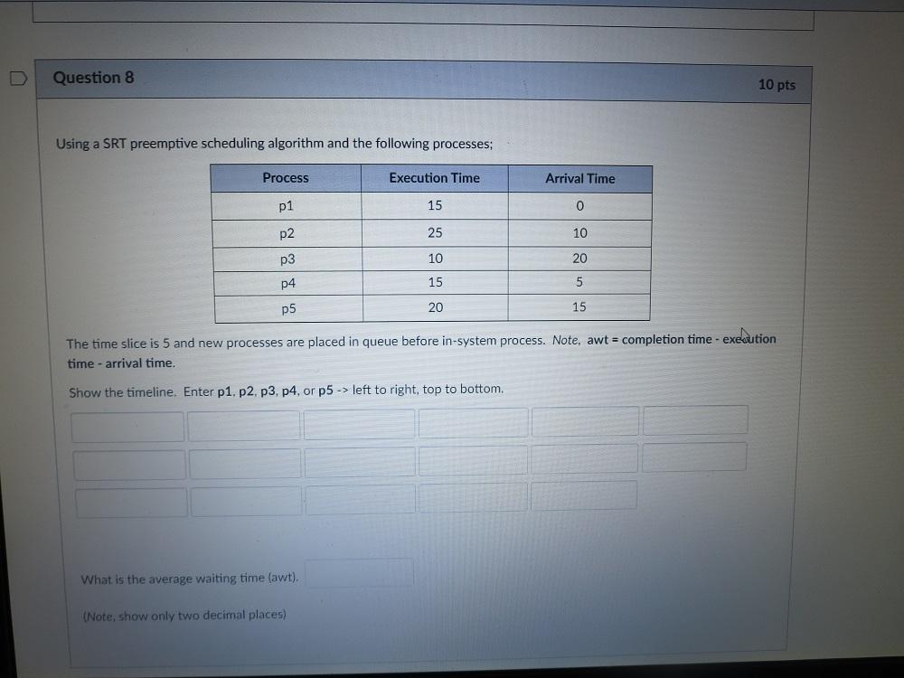 Solved Question 8 10 pts Using a SRT preemptive scheduling | Chegg.com