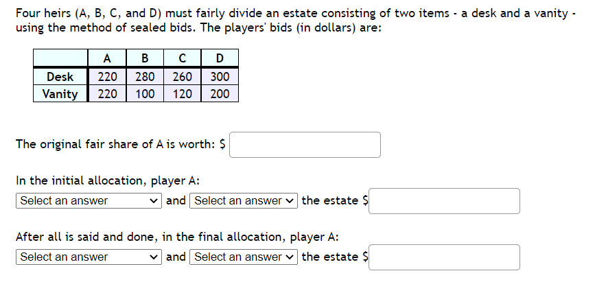 Solved Four heirs (A, B, C, and D) must fairly divide an | Chegg.com