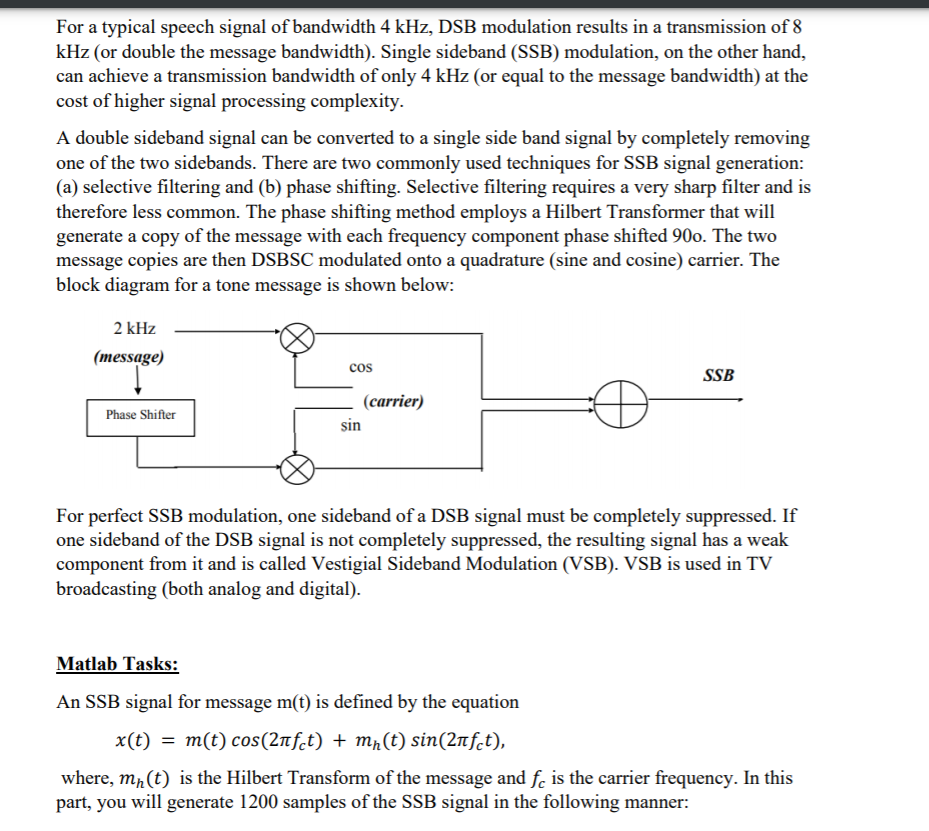 Solved For a typical speech signal of bandwidth 4 kHz, DSB | Chegg.com
