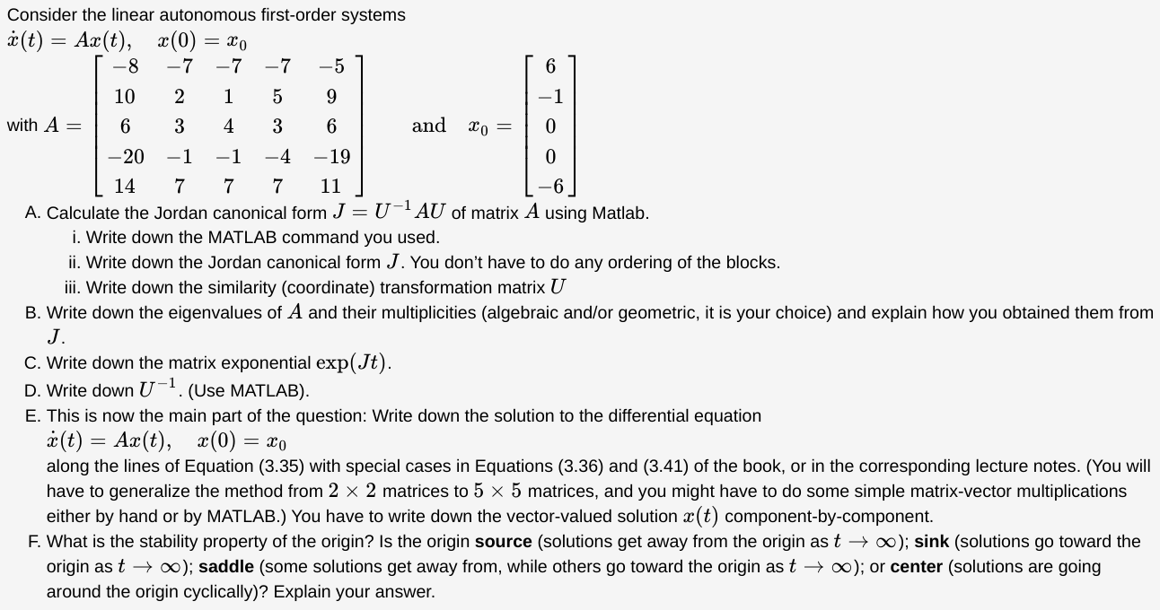 Solved = = 20 Consider the linear autonomous first-order | Chegg.com